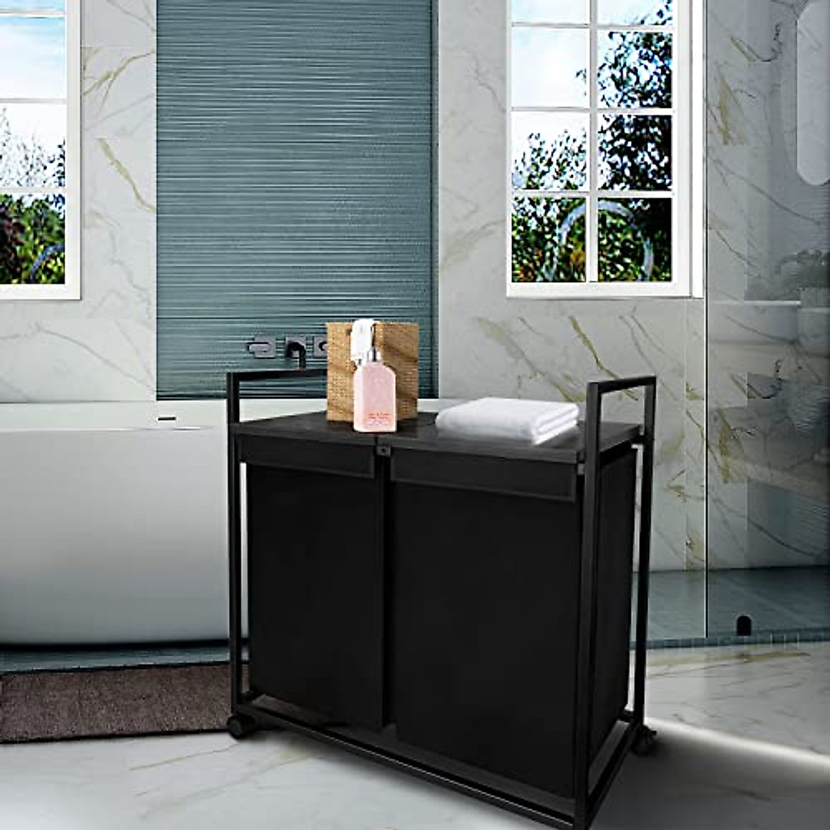 PAKLORDE Laundry Hamper with Lid,Wheels Laundry Basket Sorter 2 x 14 Gal (112L),Top Shelf,600D Oxford Sorter Bag Metal Frame Industrial for Bathroom Dorm Living Room Bedroom (Black Oak)