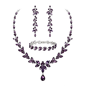 EVER FAITH Marquise Crystal Party Jewelry Set for Bride, Gorgeous Leaf Rhinestone Necklace Dangle Earrings Tennis Bracelet Set Purple Silver-Tone