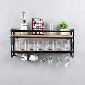 OISSIO Industrial Stemware Rack,Wine Rack Wall Mounted with Wood Shelves,2 Tier Stemware Storage with 7 Stem Glass Holder for Wine Glasses,Mugs,Home Decor,Black(30 inch)