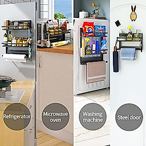 PINNIYOU Magnetic Spice Rack with Paper Towel Holder for Mother's Day Gifts, Magnetic Shelf with 4 Hooks for Refrigerator, 3 Tier Magnetic Fridge Organizer for Kitchen Storage Spices, Pepper, Black