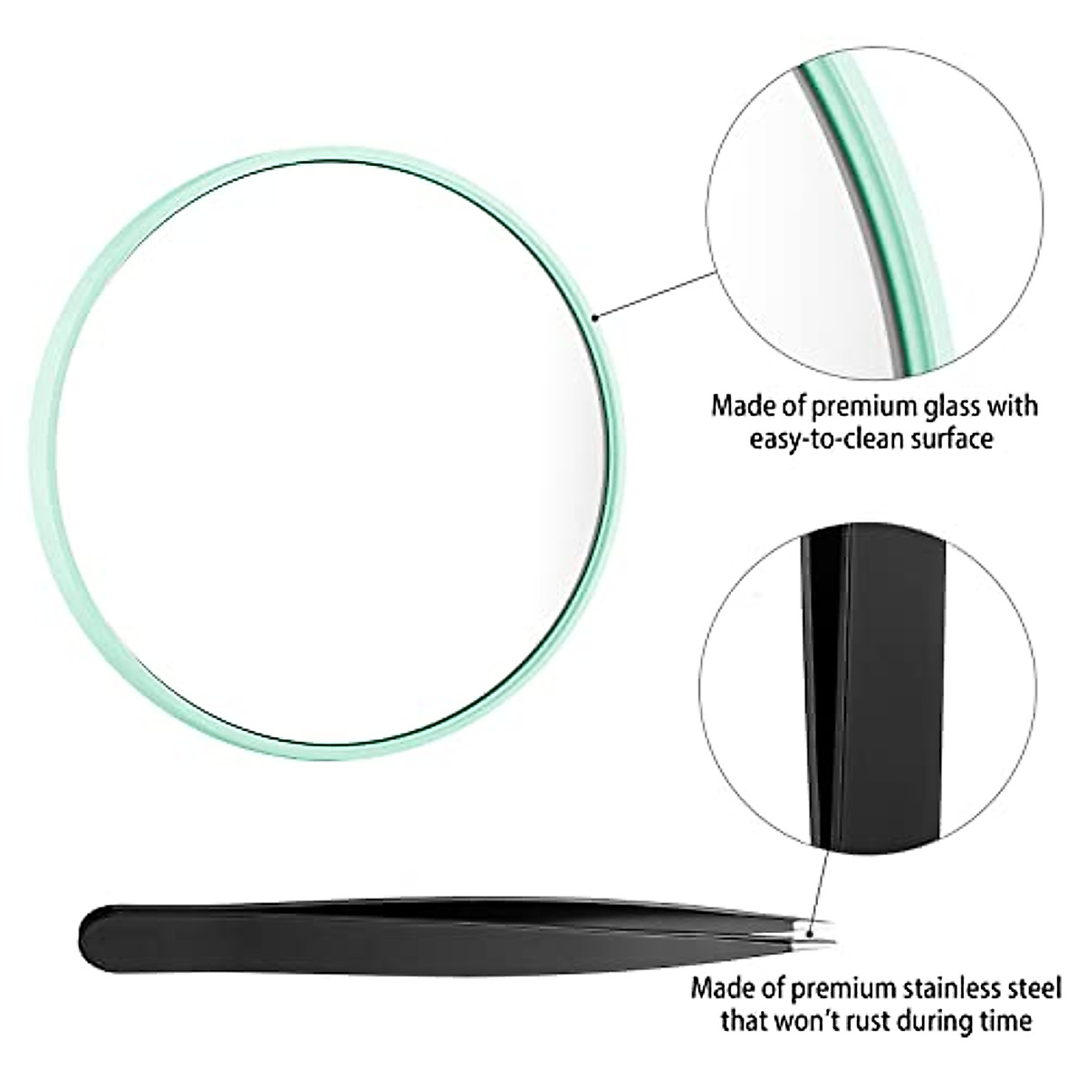Funtopia Magnifying Mirror and Tweezers Kit, 10X and 20X Magnifying Makeup Mirrors with 2 Suction Cups, Compact Round Mirror Portable Magnifier Travel Set (Green)