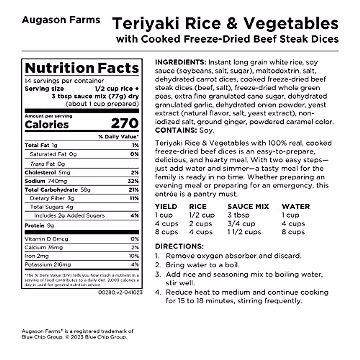 Augason Farms Teriyaki Rice and Vegetables with Freeze-Dried Beef, 38 oz