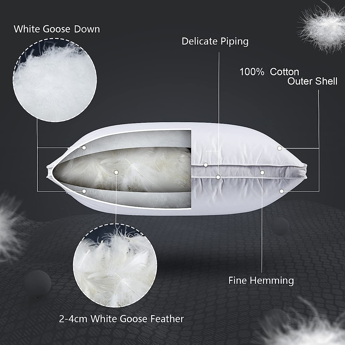 Damome Goose Feathers Down Pillows for Sleeping(2 Pack),Standard(20inx26in)-White Bed Pillow Inserts,100% Cotton Cover,Sleeping Pillows for All Sleepers