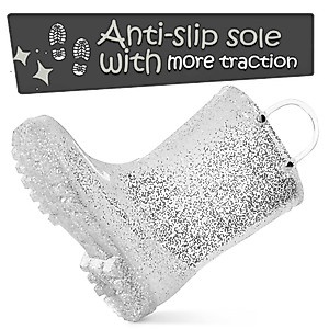 K KomForme Girls Rain Boots,Kids Glitter Waterproof Boots with Easy-on Handles Silver