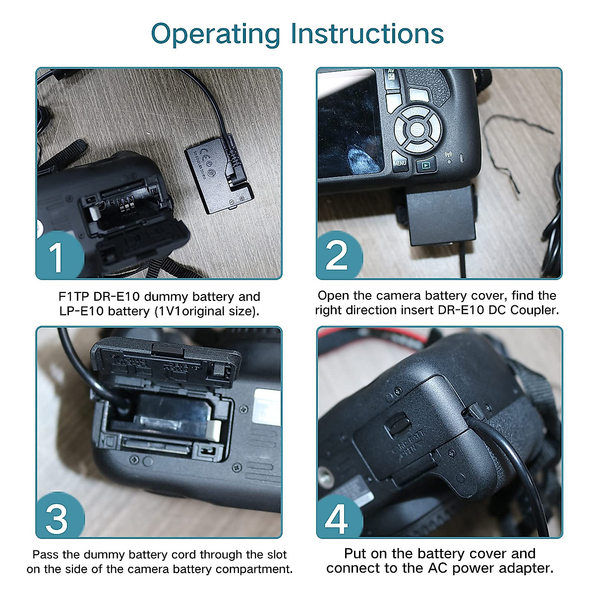 F1TP ACK-E10 AC Power Supply Adapter DR-E10 Dummy Battery Kit Replace LP-E10 Battery for Canon EOS Rebel T3 T5 T6 T7 1100D 1200D 1300D 1500D 2000D Cameras