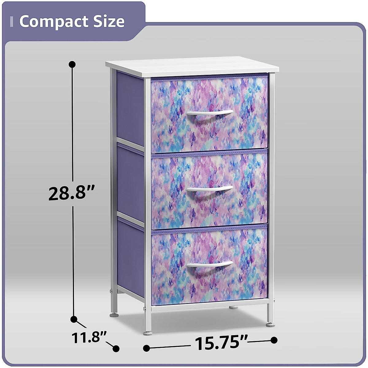 Sorbus Nightstand Storage Organizer Chest with 3 Drawers - Kids Girls, Boys Bedroom Furniture Chest for Clothes, Closet Organization - Steel Frame, Wood Top, Fabric Bin (3-Drawer, Blue/Pink/Purple)