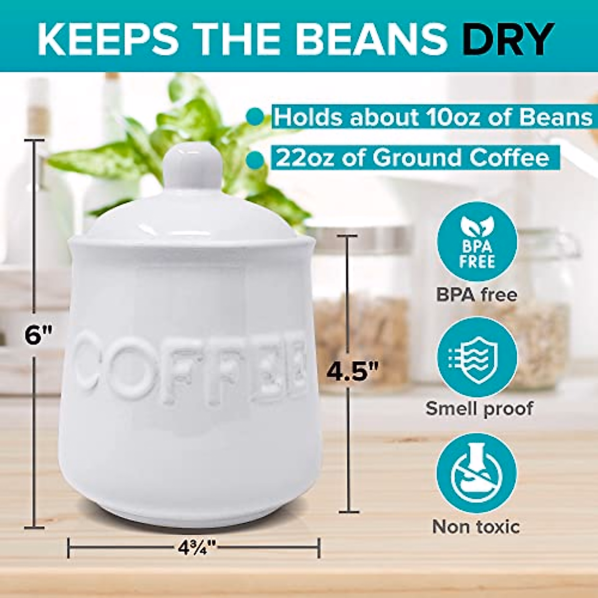 Kovot Ceramic Coffee Canister - Embossed Coffee Jar with Air-Sealed Lid - Best Coffee Preserver - Airscape Coffee Container - Easy to Wash, Color: Ivory White, Measures: 6”H