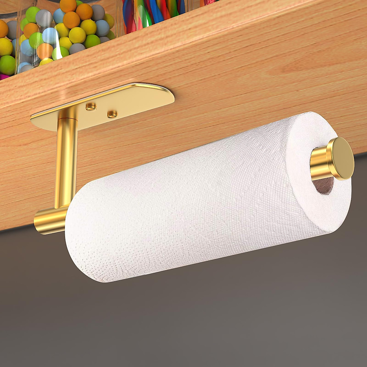VAEHOLD Self Adhesive Paper Towel Holder Under Cabinet Mount, Wall Mounted Paper Towel Roll Holder for Kitchen, Bathroom, Wall - SUS304 Stainless Steel (Gold)