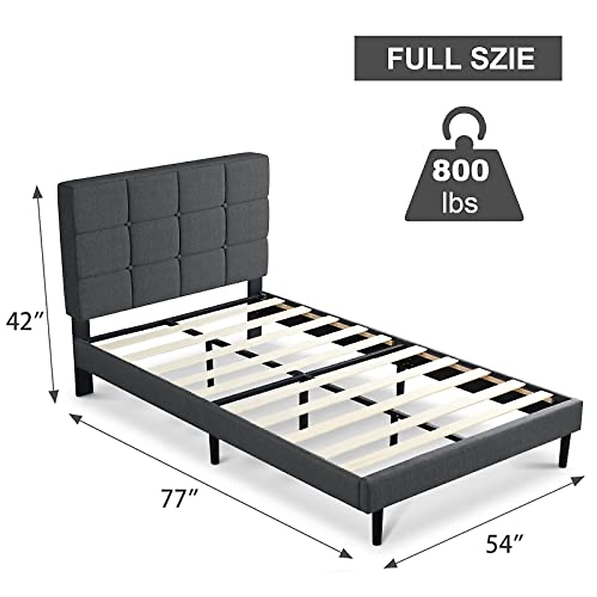 Molblly Full Bed Frame Upholstered Platform with Headboard and Strong Wooden Slats, Non-Slip and Noise-Free,No Box Spring Needed, Easy Assembly,Dark Gray