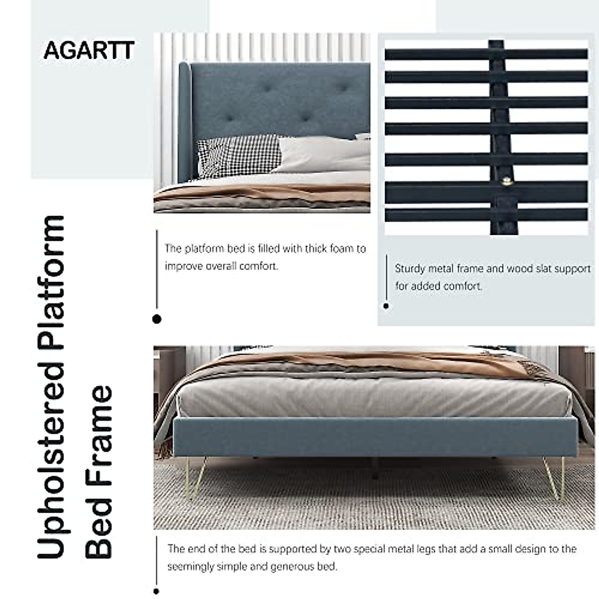 AGARTT Upholstered Platform Twin Size Bed Frame with Wingback Headboard No Box Spring Required No Noise Dark Grey Linen