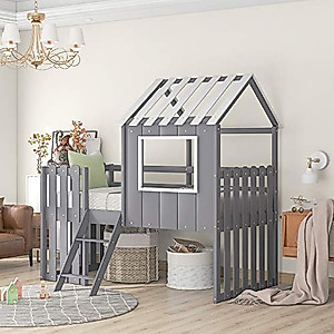 Twin Loft House Bed for Kids, Wooden Loft Beds with Rustic Fence-Shaped Guardrail/Ladder/Window/Roof for Teens Boys & Girls Bedroom (Gray-Loft House Bed)