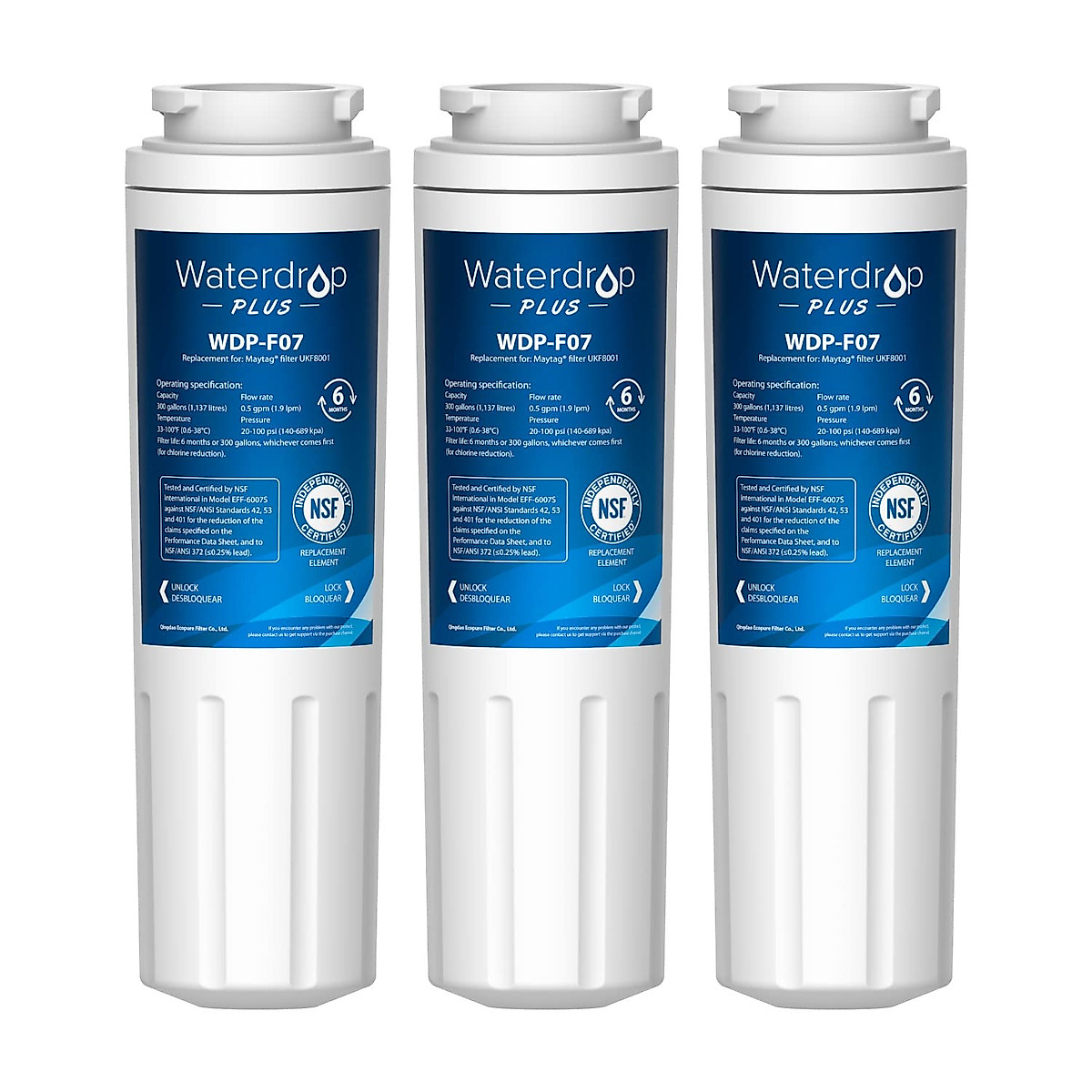 Waterdrop Plus UKF8001 NSF 401, 53 Certified Refrigerator Water Filter, 𝐑𝐞𝐝𝐮𝐜𝐞 𝐏𝐅𝐀𝐒, Replacement for Whirlpool® Everydrop® Filter 4, EDR4RXD1, Maytag UKF8001AXX, 3 Filters (Package May Vary)