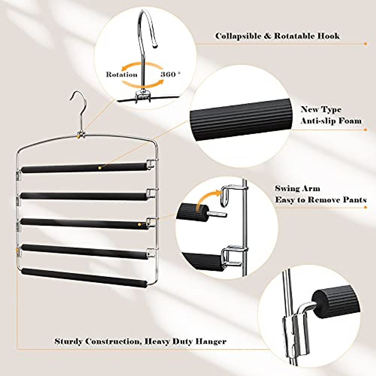 Clothes Pants Slack Hangers 5 Layers Non Slip Closet Storage Organizer Space Saving Hanger with Foam Padded Swing Arm for Pants Jeans Scarf Trousers Skirts (Updated Version-4pcs Black)