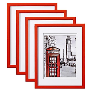 eletecpro 11x14 Picture Frame 4 Pack Made of Solid Wood and Strong Real Glass, Displays 8x10 and 8.5x11 Photos with Mat or 8x11 without Mat, Room Decor for Wall and Tabletop, Gallery Gifts Red