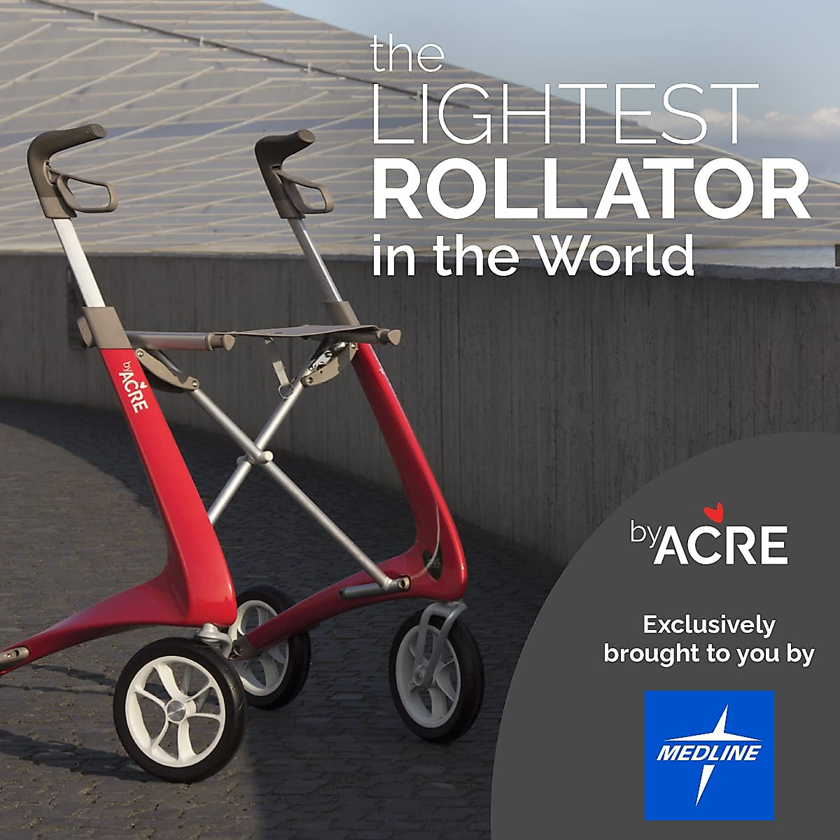 byACRE Carbon Ultralight Rollator Walker with Organizer Bag, Compact Track, 16" x 22" Seat (W x H), Oyster White