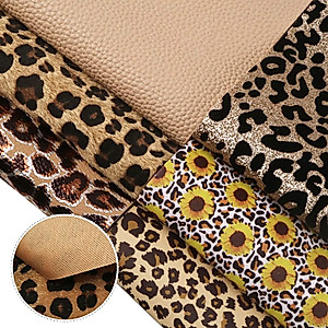 David angie Leopard Sunflower Printed Faux Leather Sheet Mixed Synthetic Leather Sheets Assorted 6pcs 7.7" x 12.9" (20 cm x 33 cm) for Earrings Hair Bows Making (Assorted)
