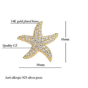 Starfish Stud Earrings for Women - CZ Paved Starfish Stud Earrings - Charm Starfish Earrings Plated in 14k Gold/White Gold