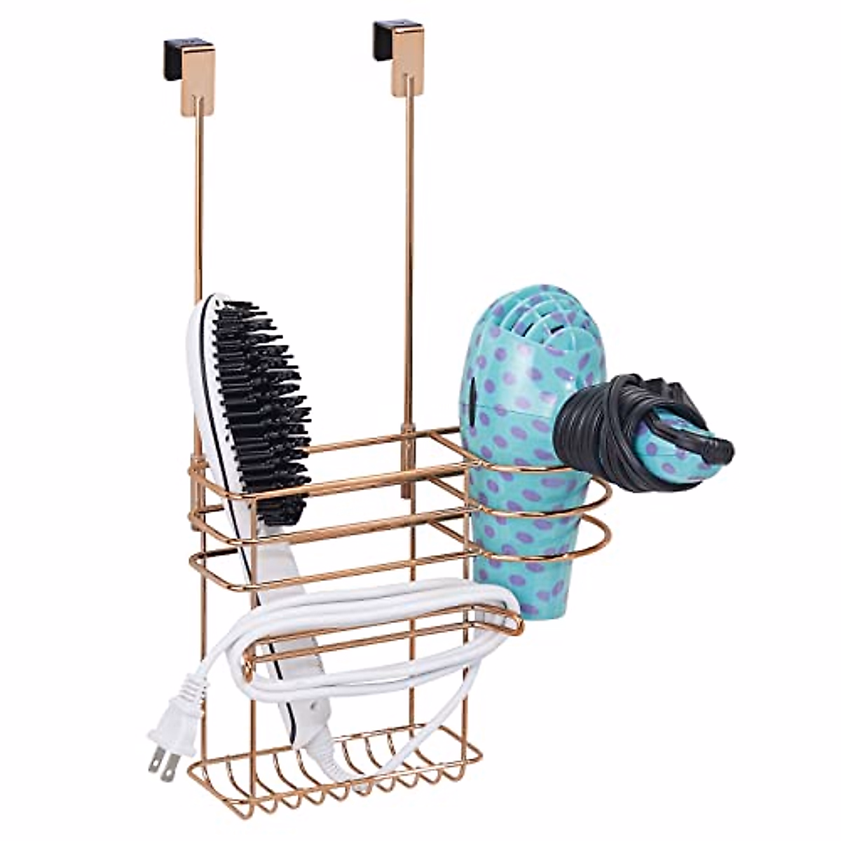 mDesign Metal Bathroom 2 Section Storage Tool Organizer Basket Tray - Hang Over Cabinet Door - Storage for Hair Dryer, Straightener, Curling Iron, Styling Products - Concerto Collection - Rose Gold