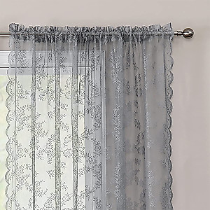 Urban Lotus Grey Lace Sheer Curtains 55 x 54 Inch Elegant Floral Rose Lace Embroidered Curtain Panels Airy Light Filtering Rod Pocket Window Treatment Sets for Garden Balcony, 1 Pair