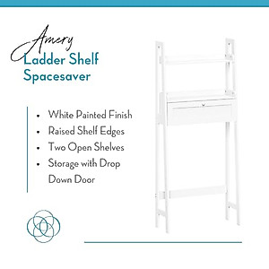 RiverRidge Amery Wall Shelf Over-The-Toilet Storage - 3-Tier Wall Mounted Shelf with Open Shelves and Drop-Down Compartment - White Bathroom Organizer for Toiletries, Linens, and Décor