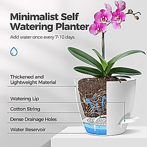 T4U Plastic Plant Pots for Indoor Plants - 7/6.5/6/5.5/5 Inch Self Watering Planter Flower Pot with Drainage Hole White, Nursery Planting Pot for Snake Plant, African Violet and House Plants, 5-Pack