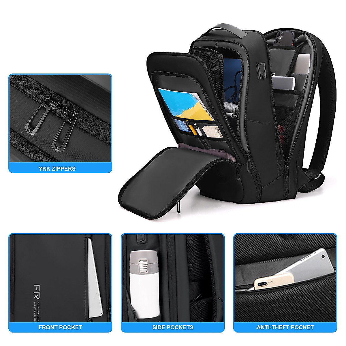 FENRUIEN Business Laptop Backpack 15.6 Inch, Expandable Slim Backpack for Men with USB Port, Water Resistant Computer Bag for Travel/College/Work, Black