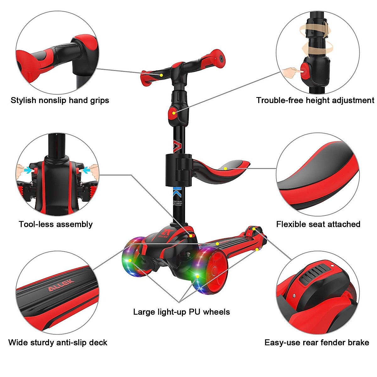 Allek 2-in-1 Kids Kick Scooter D01, Anti Skid 3 Wheel Light Up Push Scooter with Height Adjustable and Removable Seat for Boys Girls 3-12yrs (Dual Color Red-Black)