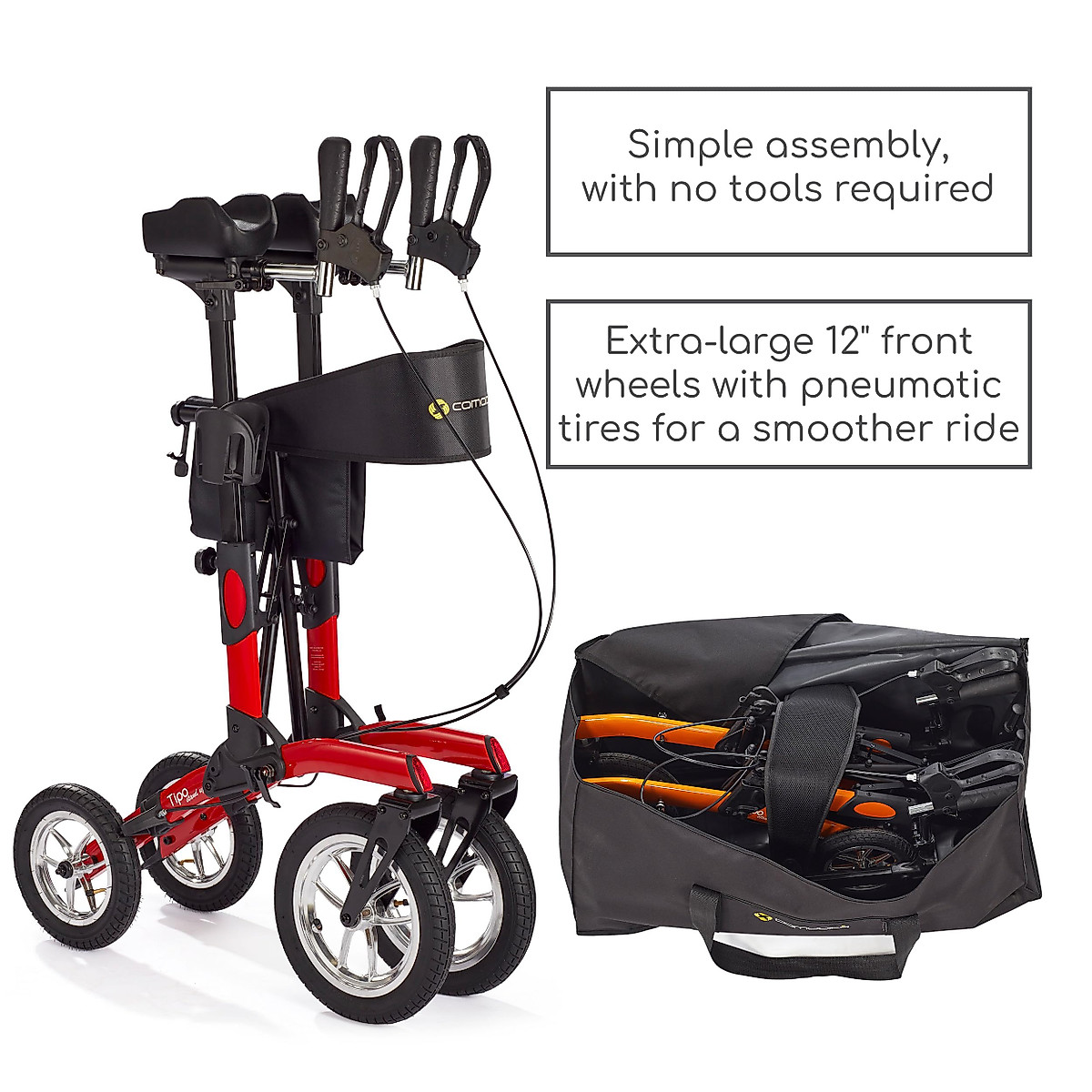 Comodità Tipo Stand Up Advance All Terrain Upright Rollator Walker with Seat and Pneumatic Tires, 4 Wheel Folding Rolling Walker for Adults and Seniors with Cup and Cane Holder, Modena Red