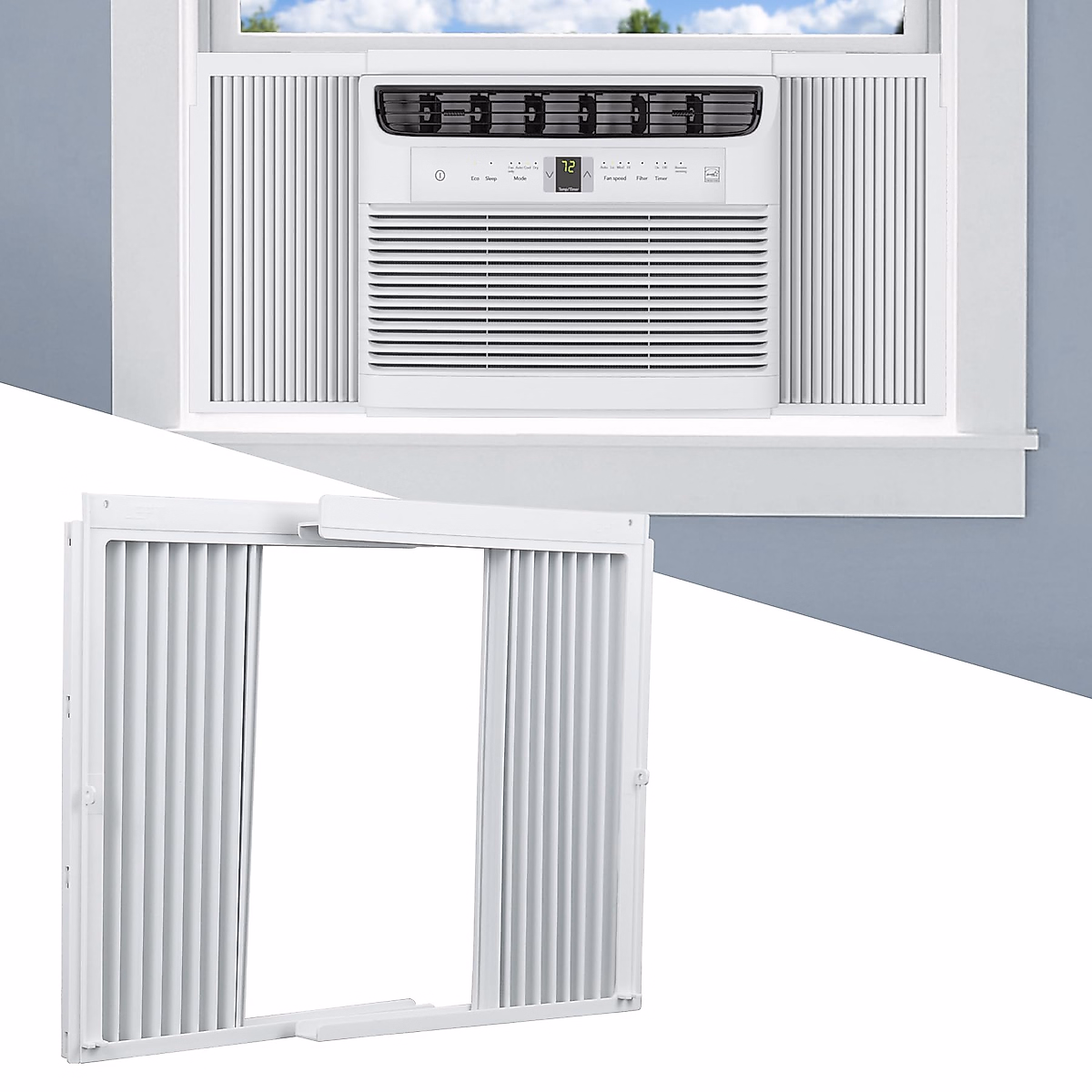 Memrita Window AC Side Panels with Frame Set,Air Conditioner Accordion Filler Curtain Replacement for Window AC Units,Fits Most 8,000 BTU Units,White,2 Pack