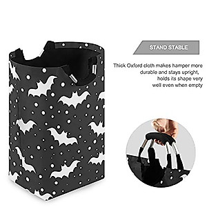 Kaariok Halloween Bats Black White Polka Dots Laundry Hamper with Handles Waterproof Collapsible Storage Basket Large Dirty Clothes Bin for Laundry Room, 22.7 Inches