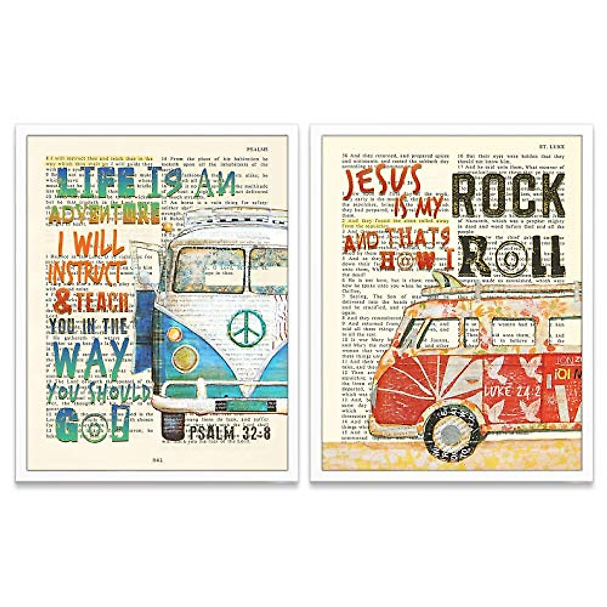 Psalm 32:8, Luke 24:2, Christian Art Prints, Set of 2, Unframed, Classic Antique Car Van Bible Verse Scripture Wall Decor Poster, 8x10 Inches