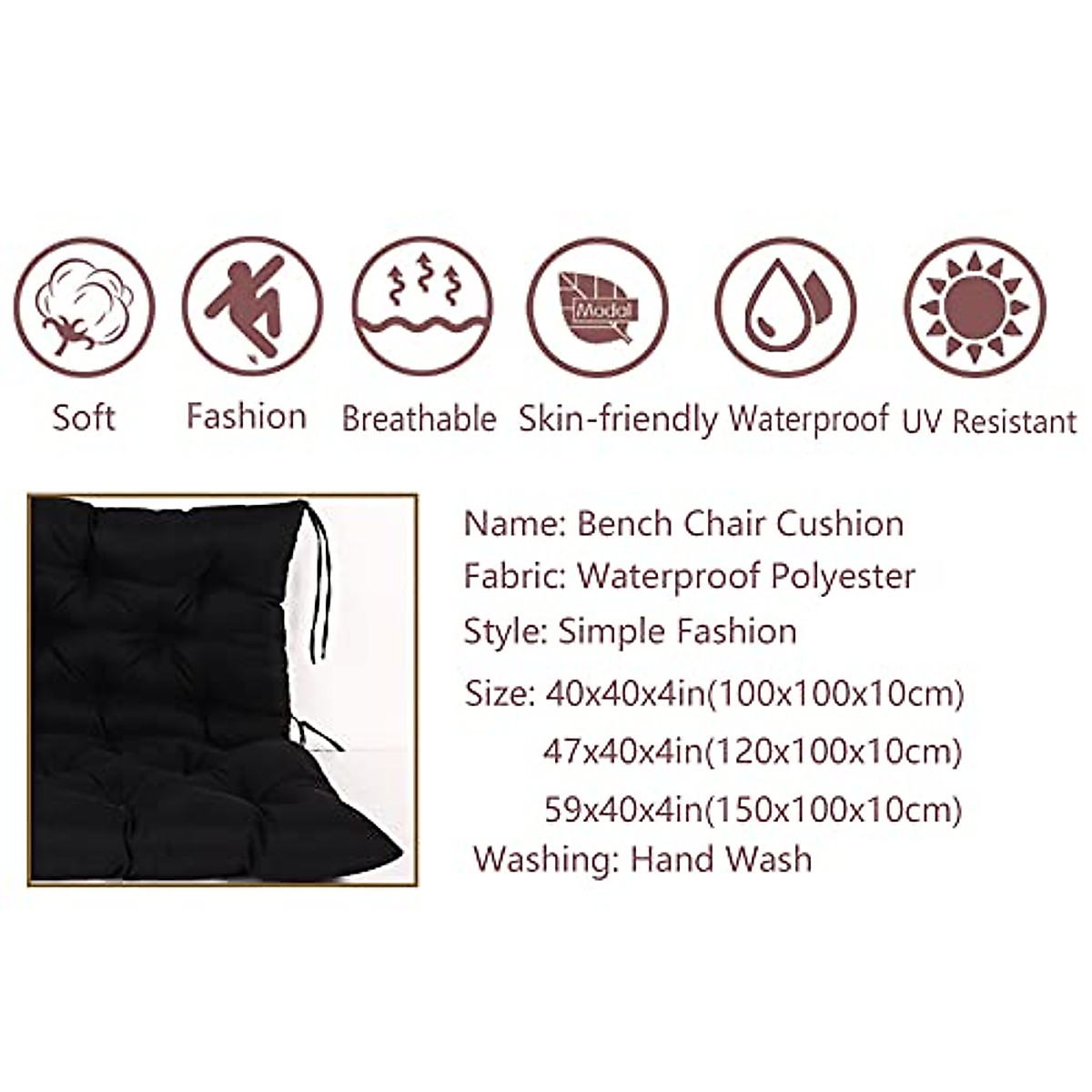 Waterproof Seat Cushions Replacement Swing Chair Cushions Hanging Basket Chair Cushions 2-3 Seater Bench Cushion Pad for Indoor Outdoor Patio Garden Poolside Balcony