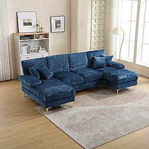 OUYESSIR Chenille U-Shaped Sectional Sofa Couch, 4 Seat Sofa Set for Living Room with 4 Pillows, 114" L-Shaped Chenille Sleeper Couch Set with Double Chaise Lounge (Blue)