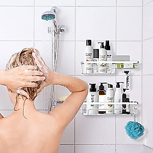 Kienapanc Shower Caddy Shelf & Bathroom Shower Organizer Rack with 12 Hook,No Drilling Wall Mount Shower Storage for Shampoo Conditioner Shower Shelf SUS304 Stainless Steel- 2 Pack (Polished Silver)