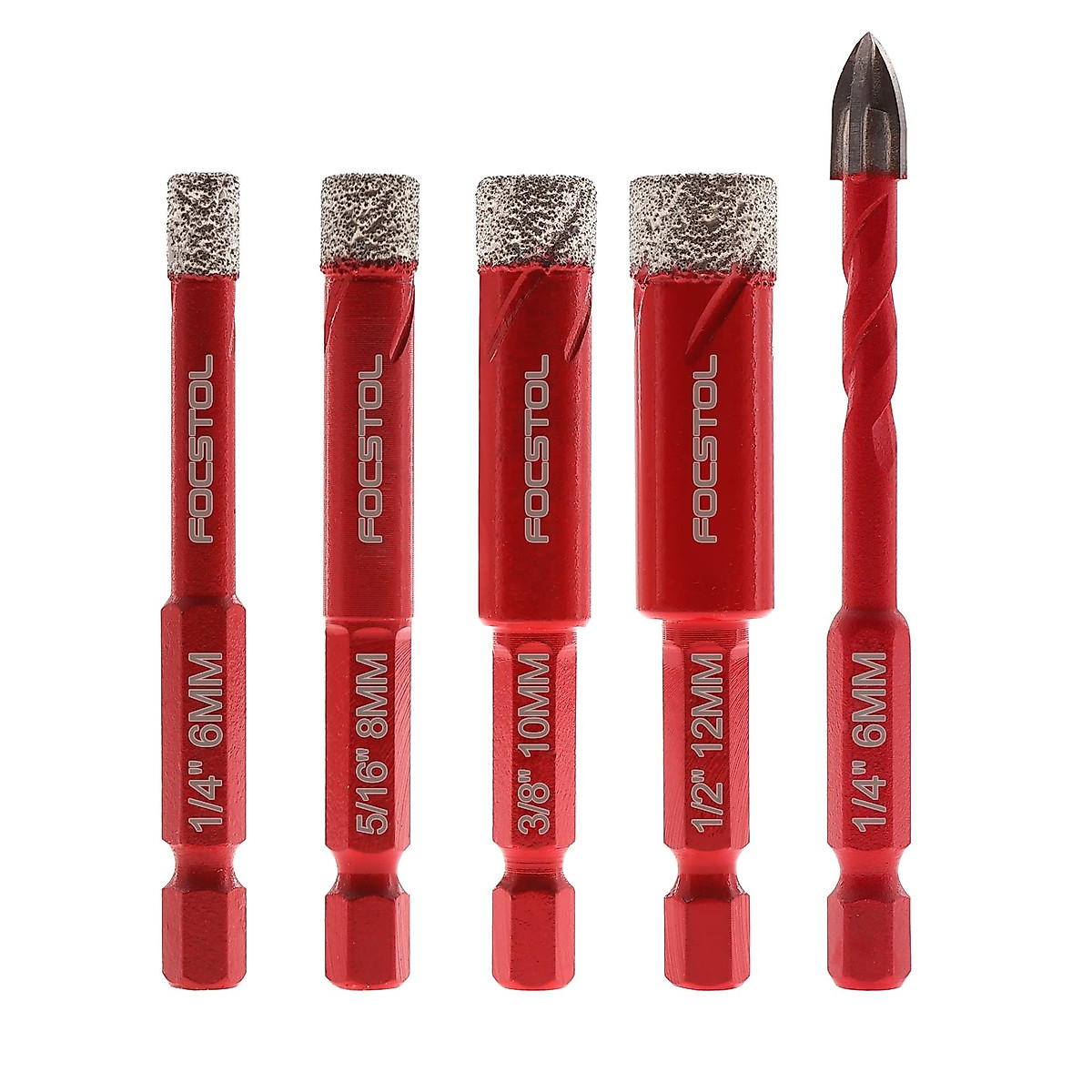 Dry Diamond Drill Bits Set - FOCSTOL 4pcs 6/8/10/12mm Diamond Hole Saw & 1pc 6mm Carbide Drill with Quick Change Hex Shank for Ceramic Porcelain Tile Marble Granite Quartz