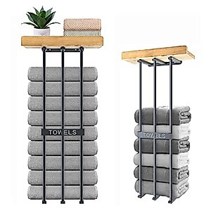 HTCBF Wall Towel Rack for Rolled Towels with Shelf,Upgrade 3 Bar Towel Racks for Bathroom Wall Mounted,Metal Towel Holders with Wooden Shelf,Bath Towel Holder for Folded Large Towel Washcloths