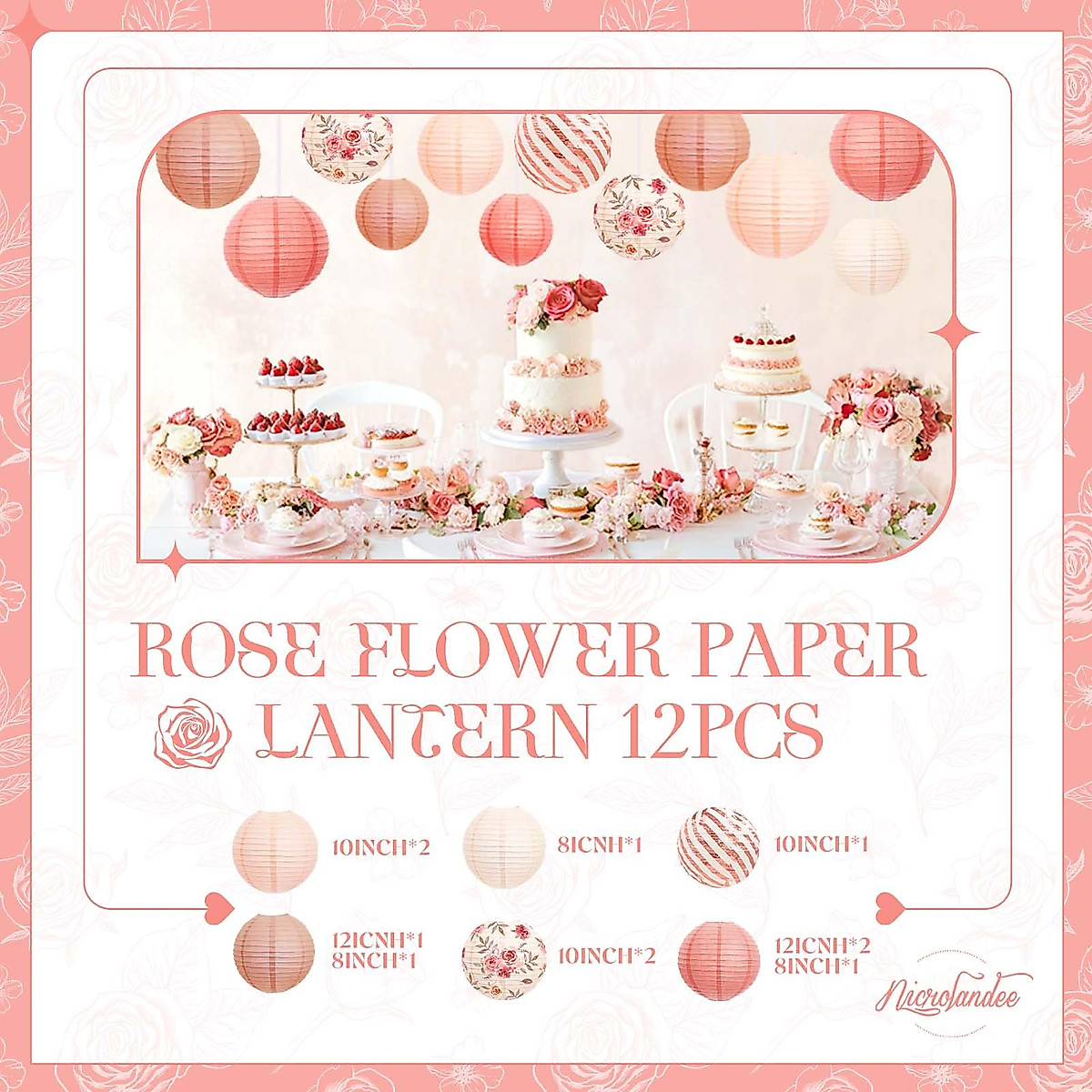 NICROLANDEE Wedding Party Decorations - 12PCS Rose Gold Vintage Floral Paper Lanterns Hanging Decorations for Engagement, Anniversary, Bridal Shower, Baby Shower, Bachelorette, Birthday Party