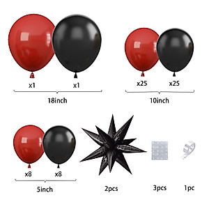 Red and Black Balloon Arch Kit, Latex Birthday Balloons 5 10 18 inch Burgundy and Black Party Balloons with 2 Black Explosion Star for Wedding Bridal Baby Shower Bachelorette Graduation Party