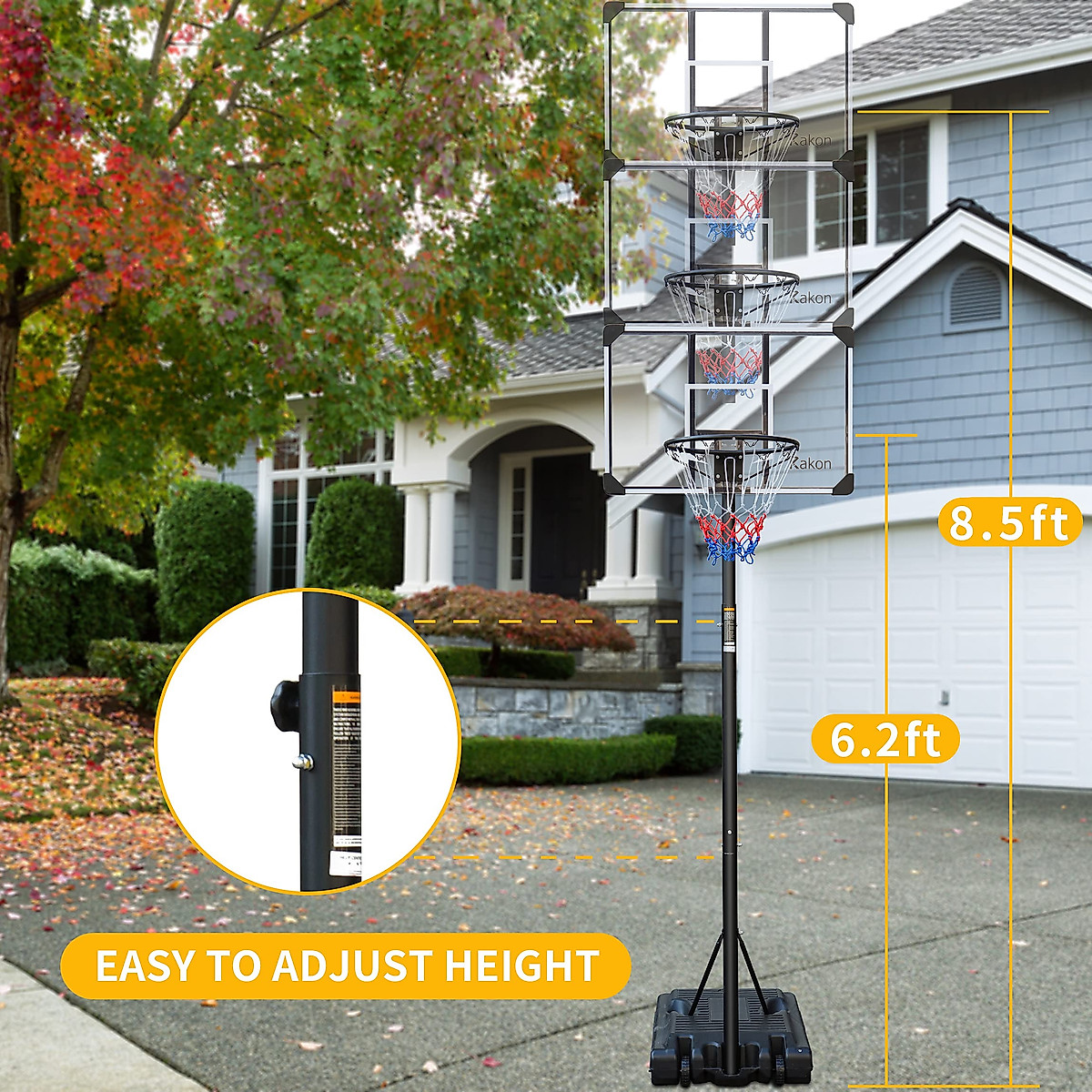 Rakon Portable Basketball Hoops & Goals Basketball System with 35.4 Inch Backboard, Height Adjustable 6.2ft -8.5ft for Adult Youth Teenagers Indoor Outdoor Use