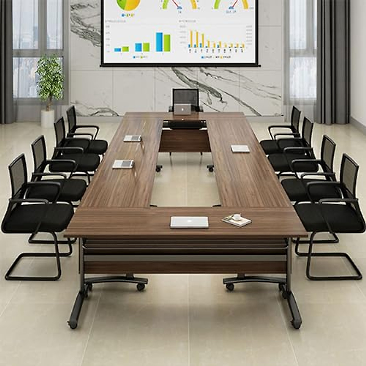Conference Table Set of 3, Foldable Meeting Table Set with Modesty and Lockable Wheels, Meeting Seminar Table Multifunctional Computer Desk for Home, Office, Conference Room (55.11x19.68x29.52IN)