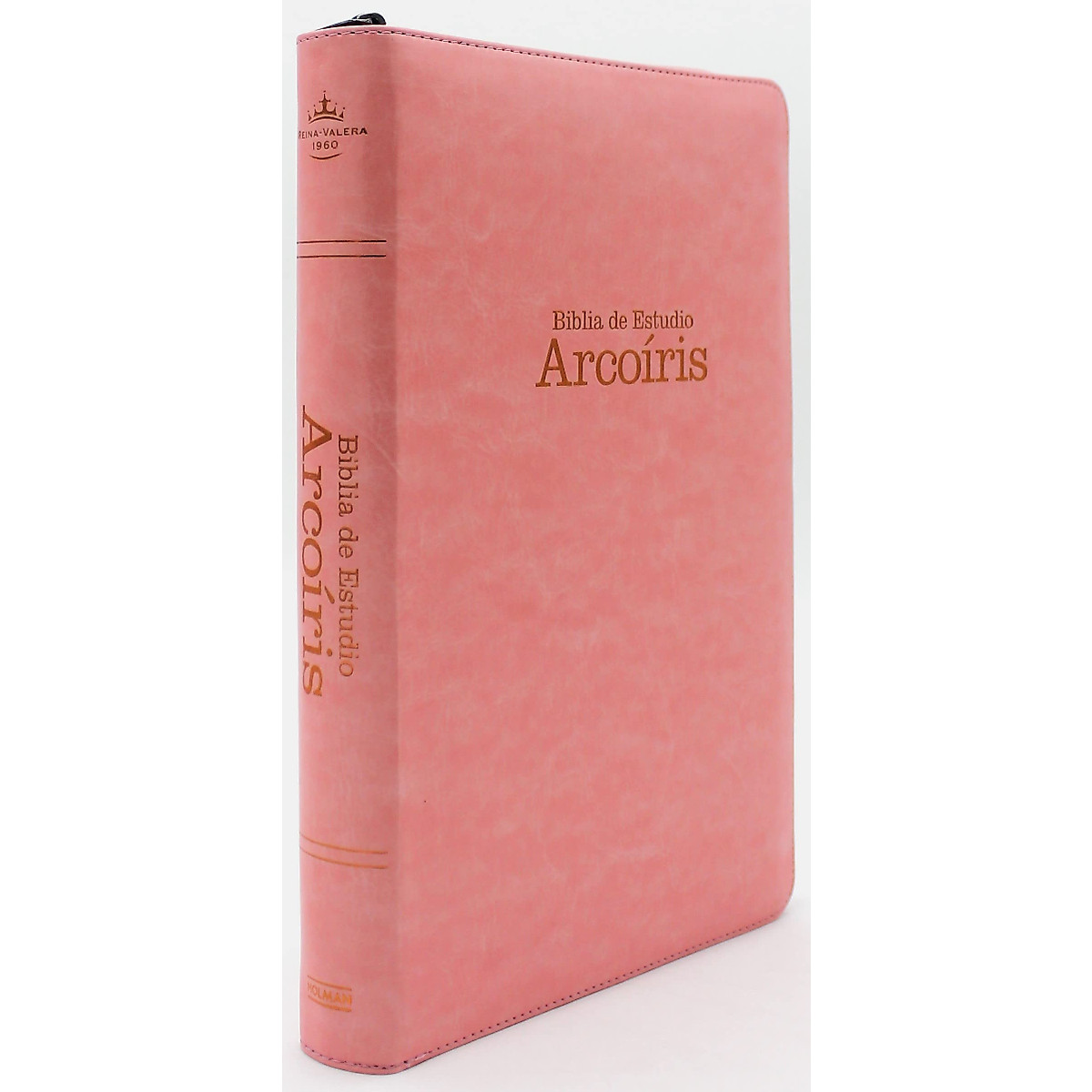 Biblia de Estudio Arco Iris Reina Valera 1960 con cierre, Indice, Color Rosado con cobre y Estuche de lujo negro con cobre para guardar y proteger la Biblia Coleccion Celestial