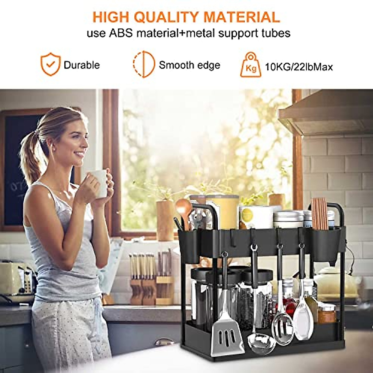YOWOMTA Under Sink Storage Organizers,2-Tier Sliding Cabinet Drawer Organizer for Bathroom Kitchen,Pull Out Cupboard Organization Basket with Hooks,Hanging Cups,Handles