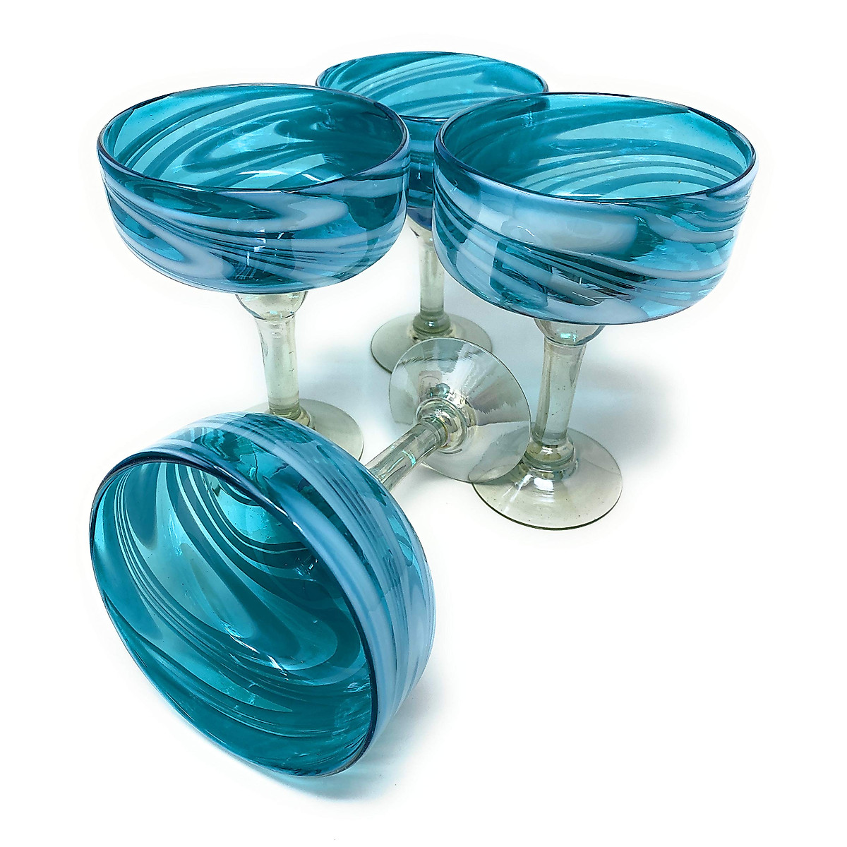 Dos Sueños Mexican Hand Blown Glass – Set of 4 Hand Blown Margarita Glasses Aqua Swirl (16 oz)