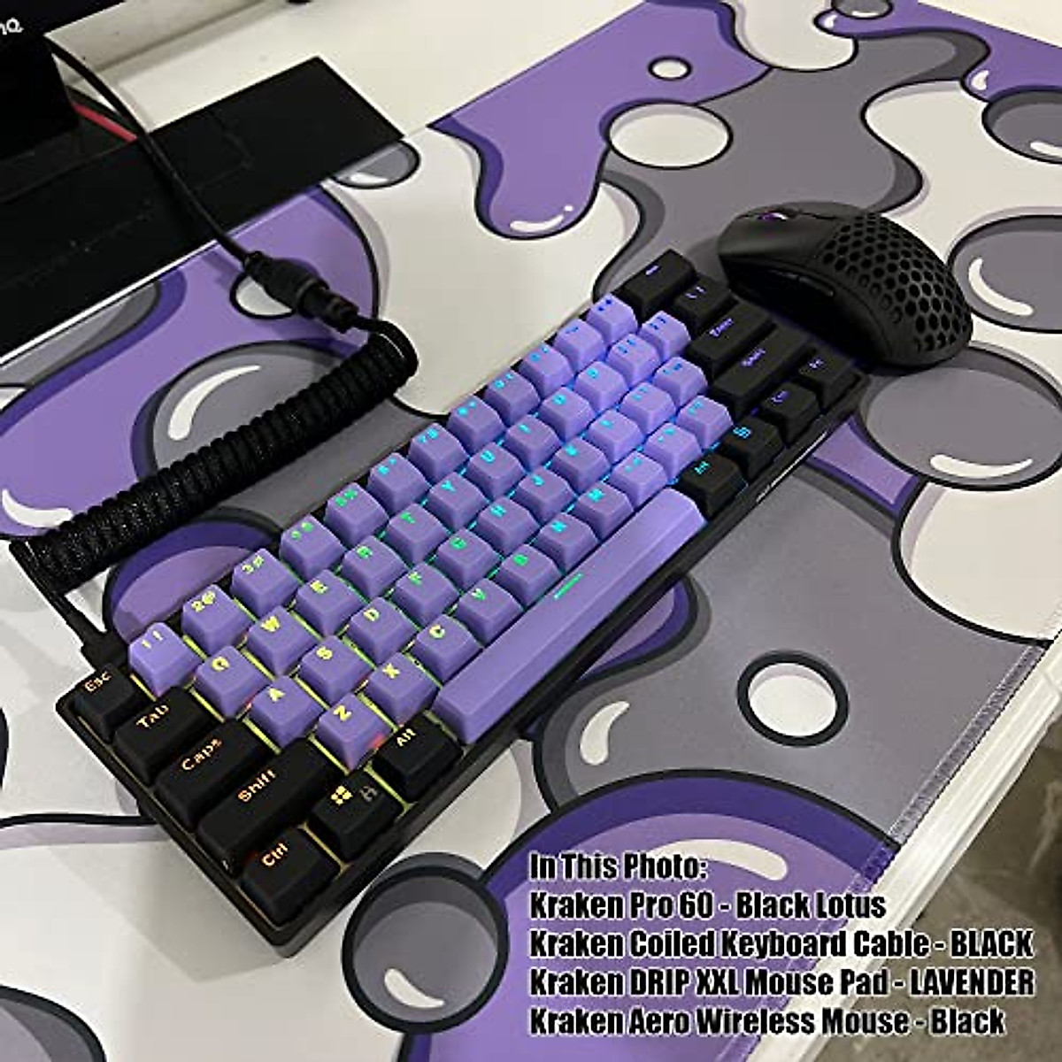 Kraken Pro 60 Lotus Edition 60% Purple Mechanical Keyboard and Matching Purple XXL Gaming Mouse PAD (Purple Gaming Setup)