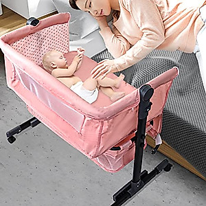 3 in 1 Baby Bassinets, Bedside Sleeper & Bedside Crib with Storage Basket, Easy to Assemble Baby Cradle, with Wheels, Adjustable Height, Mattress, Mosquito Nets