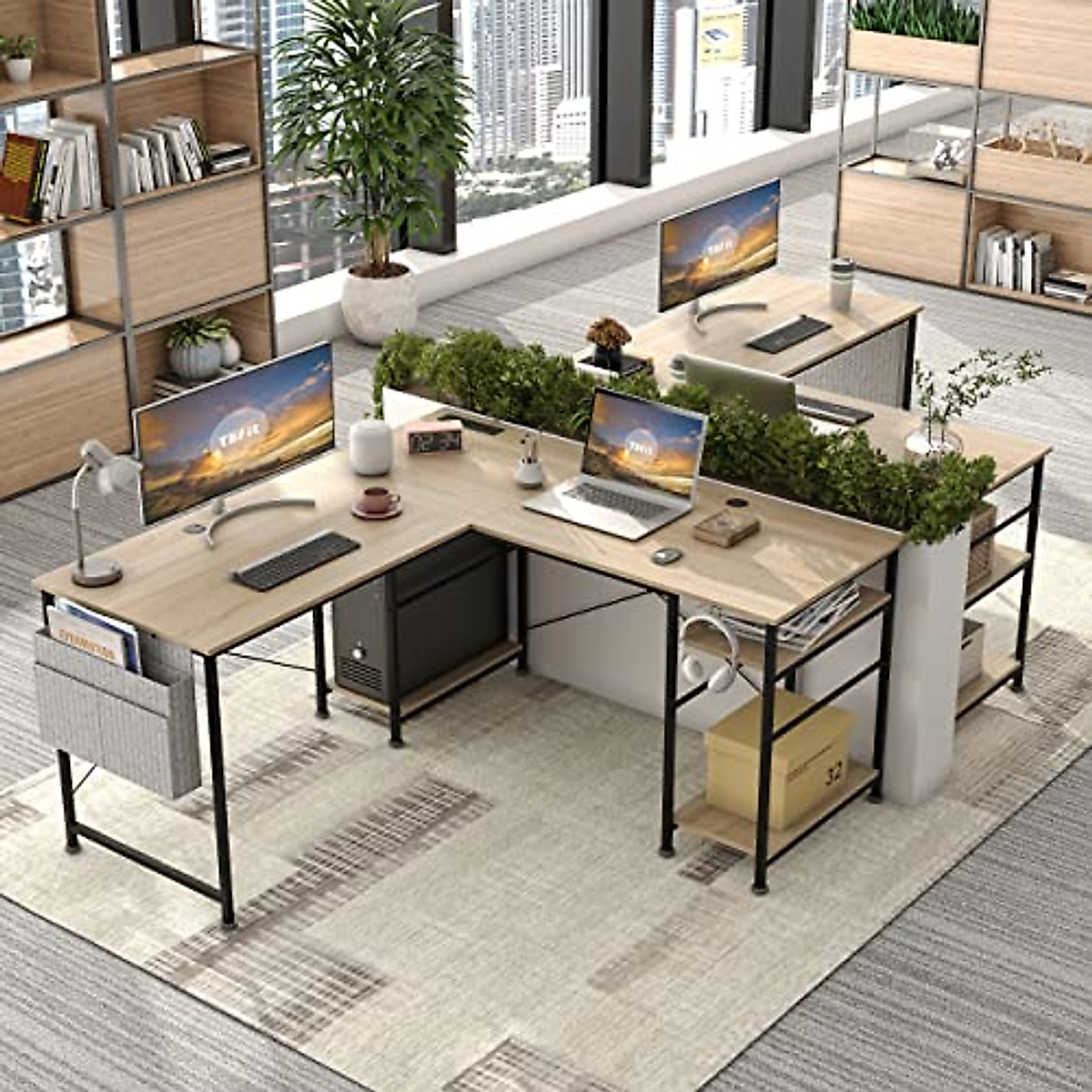 Tbfit L Shaped Desk with Storage Shelves,95.2 Inch Reversible Coner, Office Desk for Small Space,Large Computer Gaming Desk Workstation with Power Outlet,2 Person Long Writing Study Table(Oak)