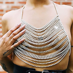 Bikini Silver Body Chain Sexy Bra Body Jewelry Rhinestone Bikini Rave Nightclub Belly Chain for Women and Girls (G)