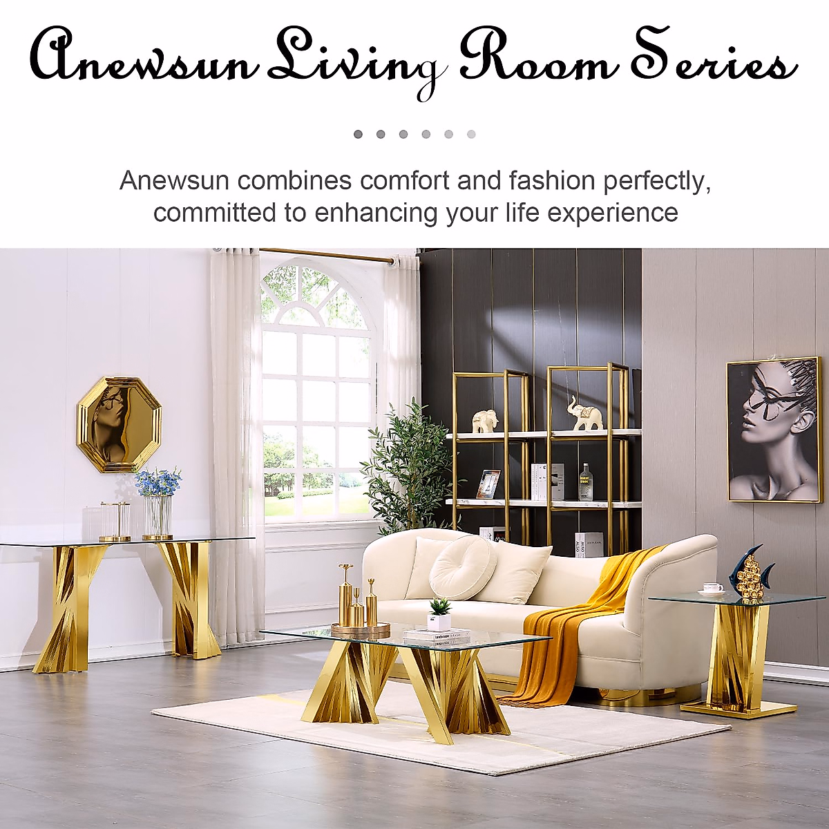 Anewsun 60" Gold Console Table, Gold Polished Sofa Table with Clear Glass Top, Glam Falcone Entryway Table for Living Room, Hallway, Entrance, Wall