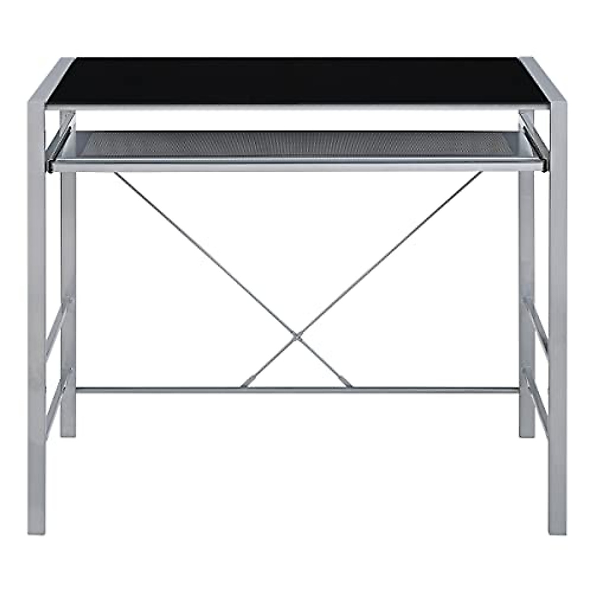 OSP Home Furnishings Zephyr Computer Desk with Keyboard Shelf and Tempered Glass Top, Black Glass and Silver Frame