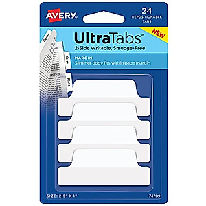 Avery Margin Ultra Tabs, 2.5" x 1", 2-Side Writable, White, 24 Repositionable Page Tabs (74789)